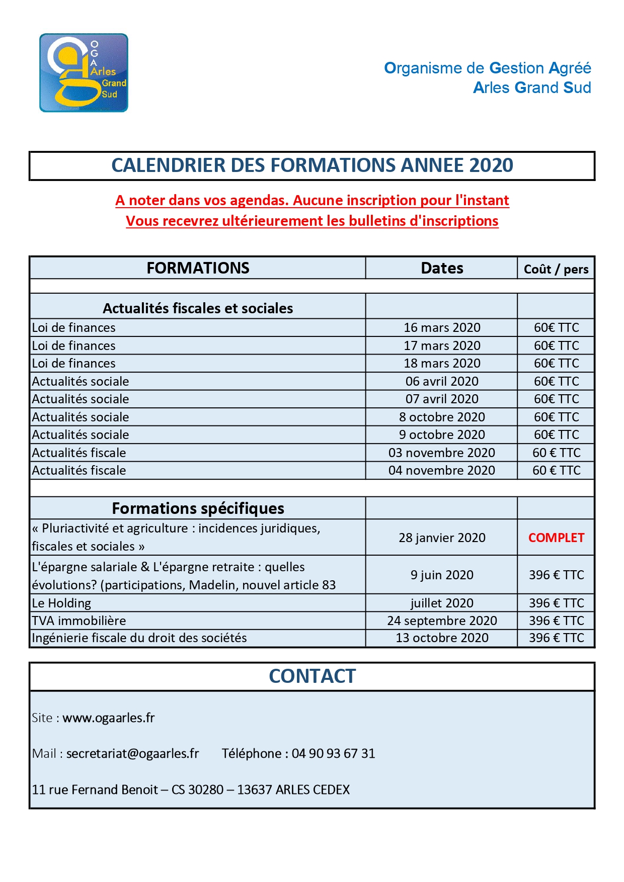 Calendrier des formations 2020